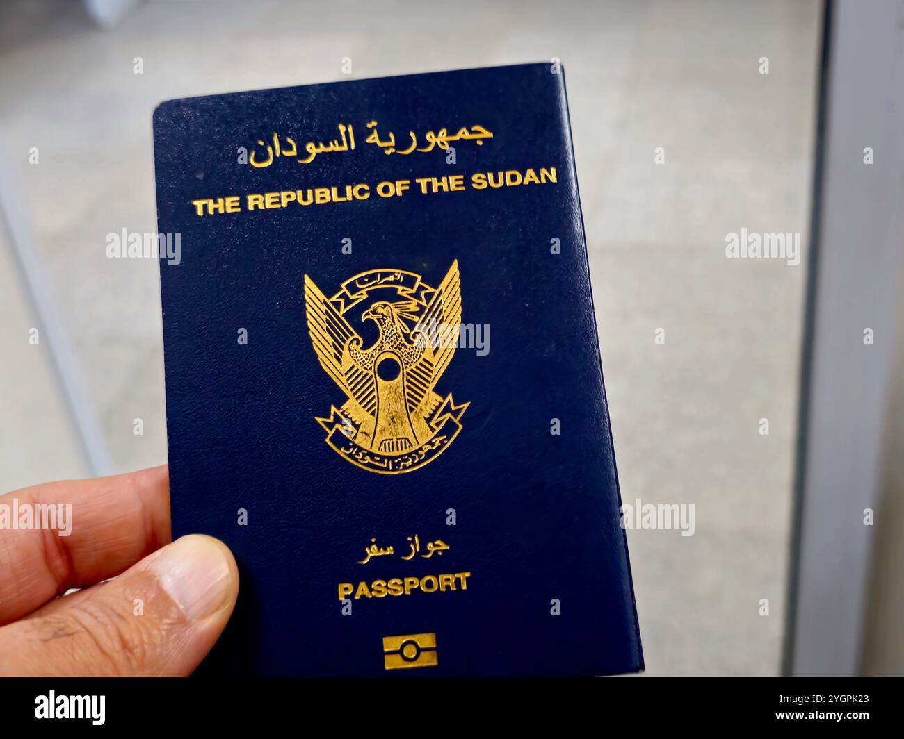 The Republic of Sudan passport with a gilded falcon in the center of ...