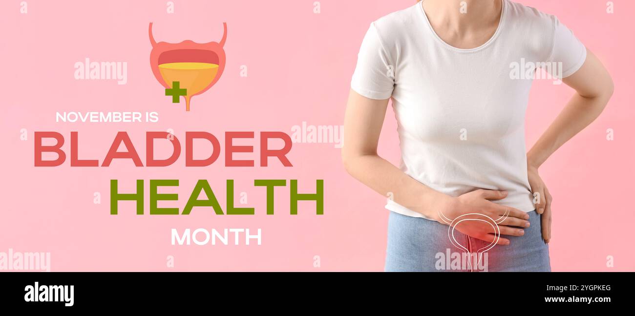 Banner for Bladder Health Awareness Month with woman having urogenital ...