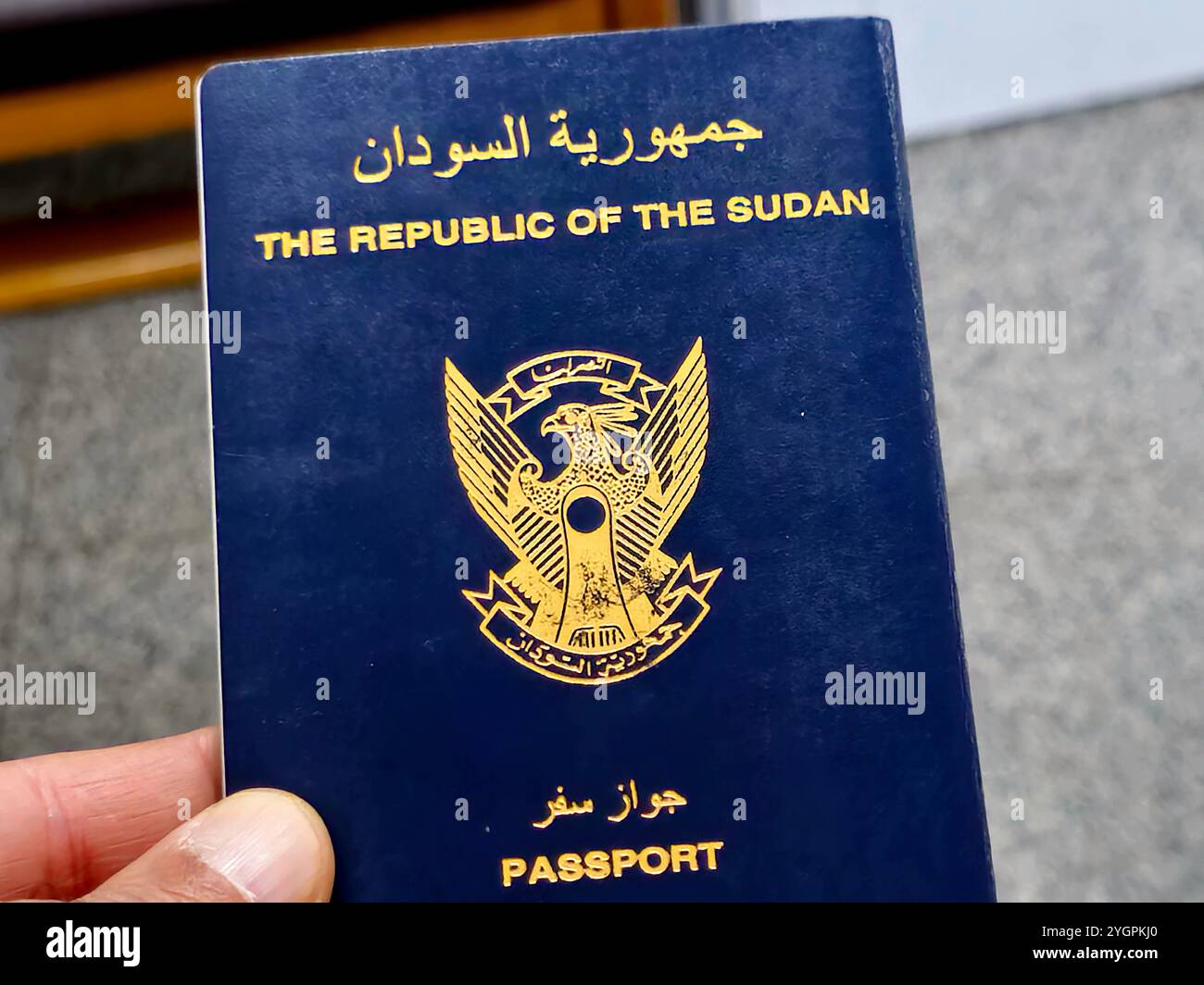 The Republic of Sudan passport with a gilded falcon in the center of ...