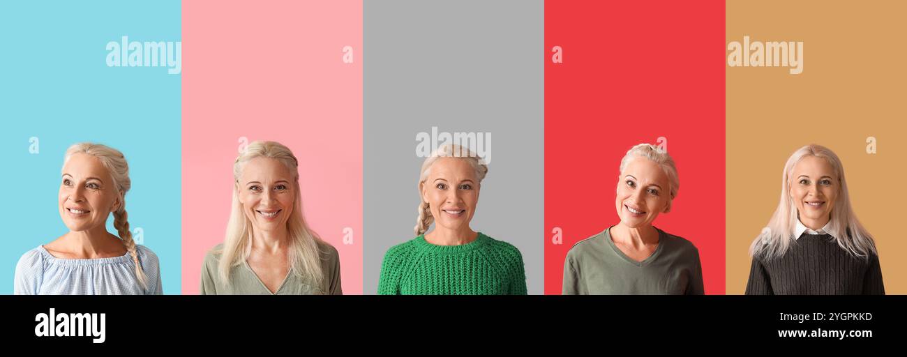 Collage of beautiful mature women on color background Stock Photo - Alamy