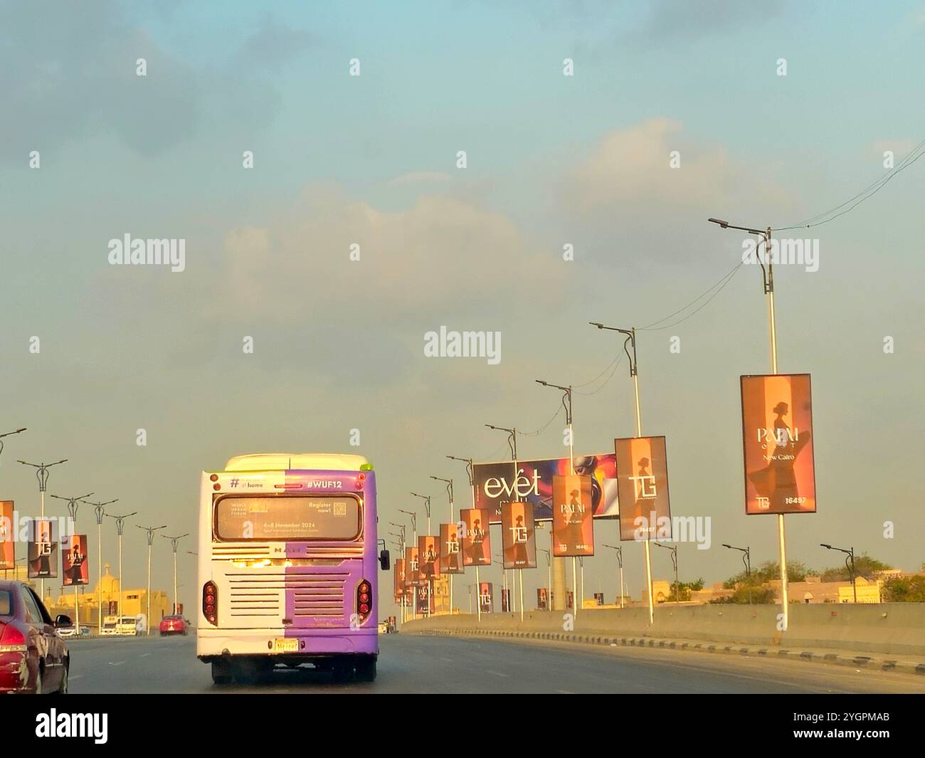 Cairo, Egypt, November 4 2024: A service bus of WUF 12, transportation ...