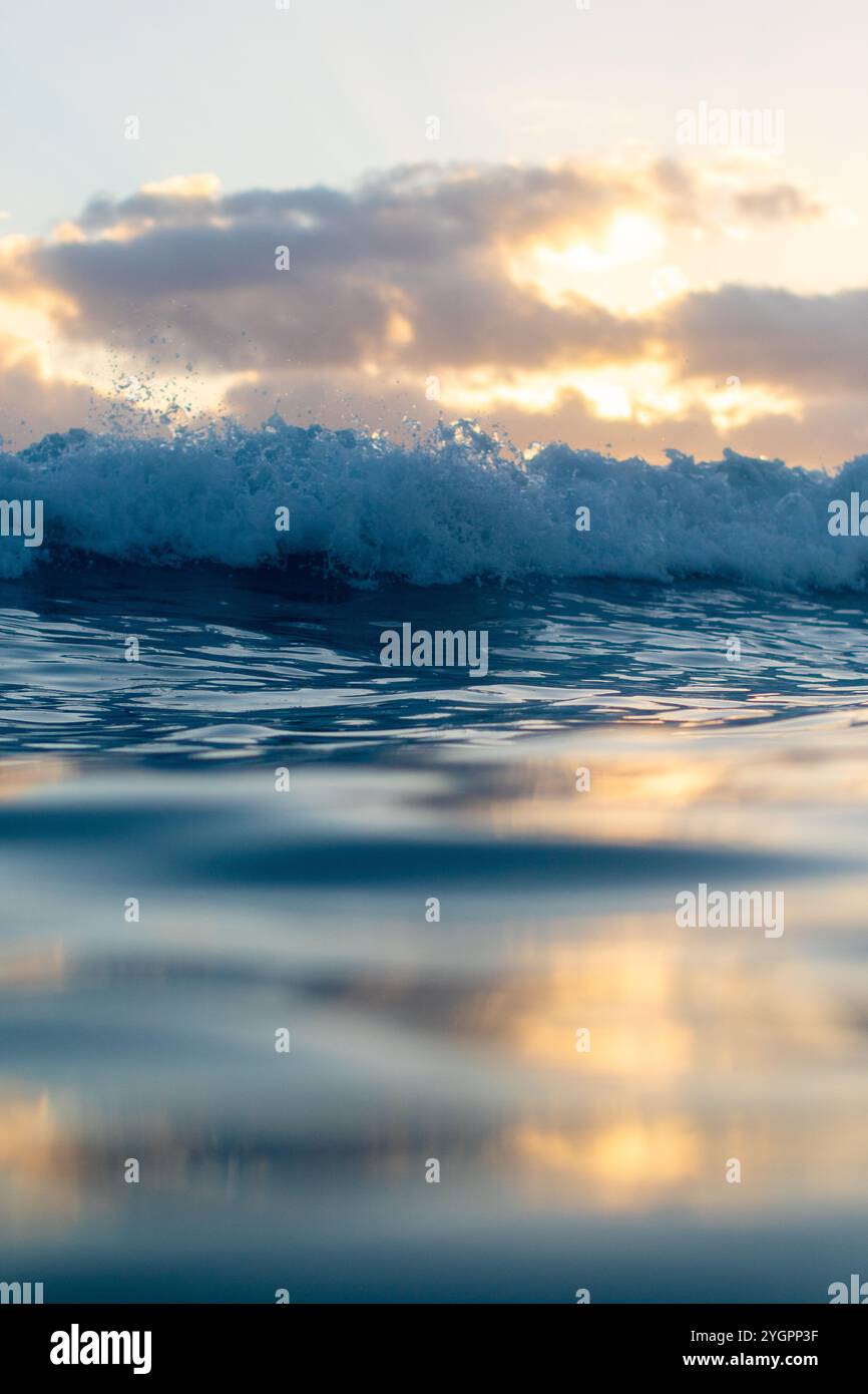 Reflections of the sunset dance across gentle ocean waves, creating a ...