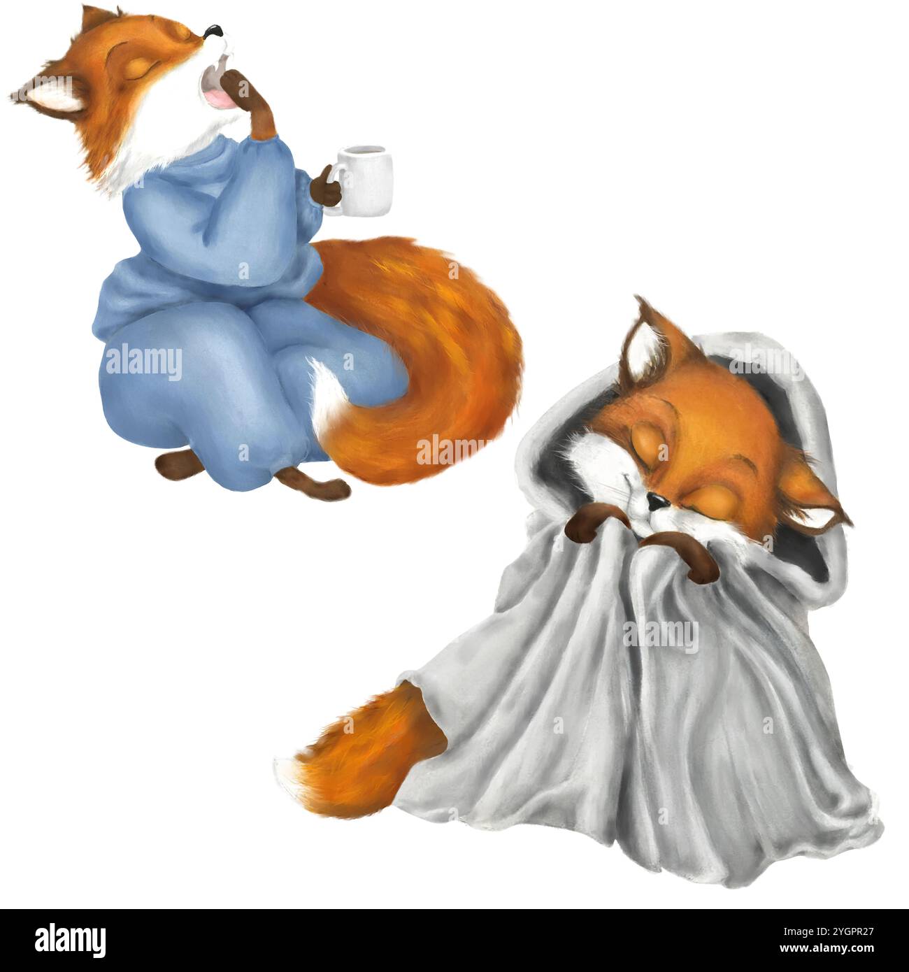 A set of cute animals: a fox cub in pajamas and a sleeping fox cub in a ...