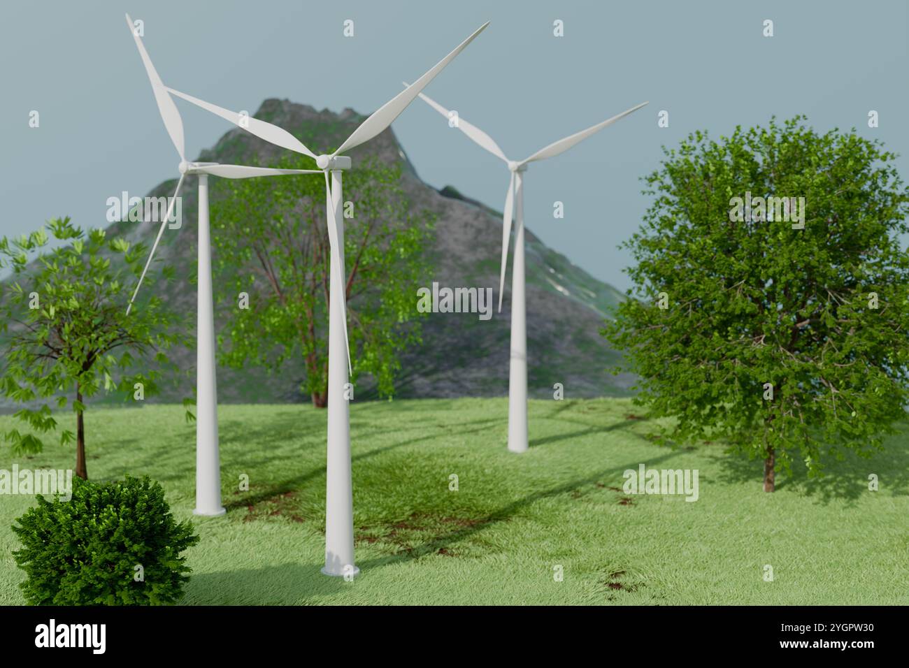 A serene landscape featuring wind turbines and trees, showcasing ...