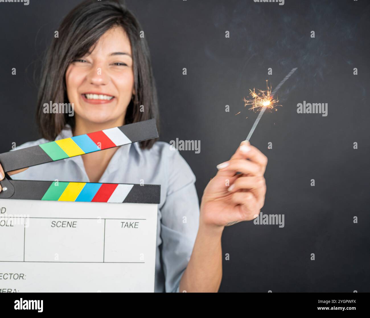 Woman movie board wearing hi-res stock photography and images - Alamy