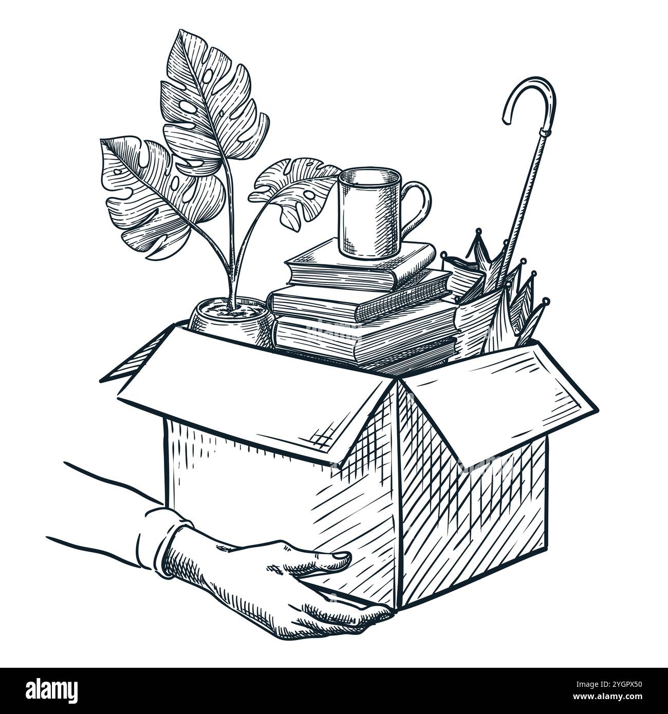 Moving, relocation, retiring or redundant concept. Box with personal ...