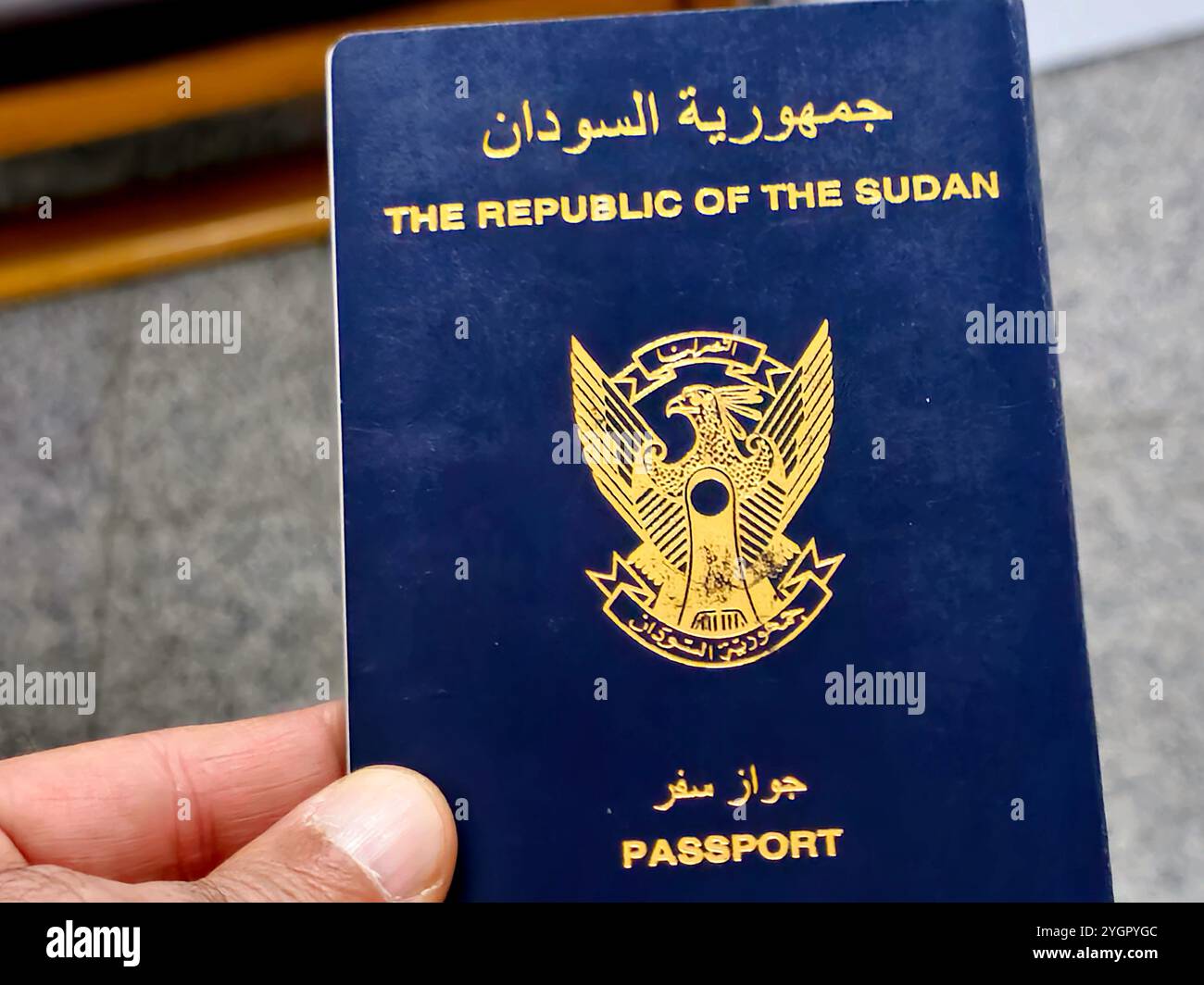 The Republic of Sudan passport with a gilded falcon in the center of ...
