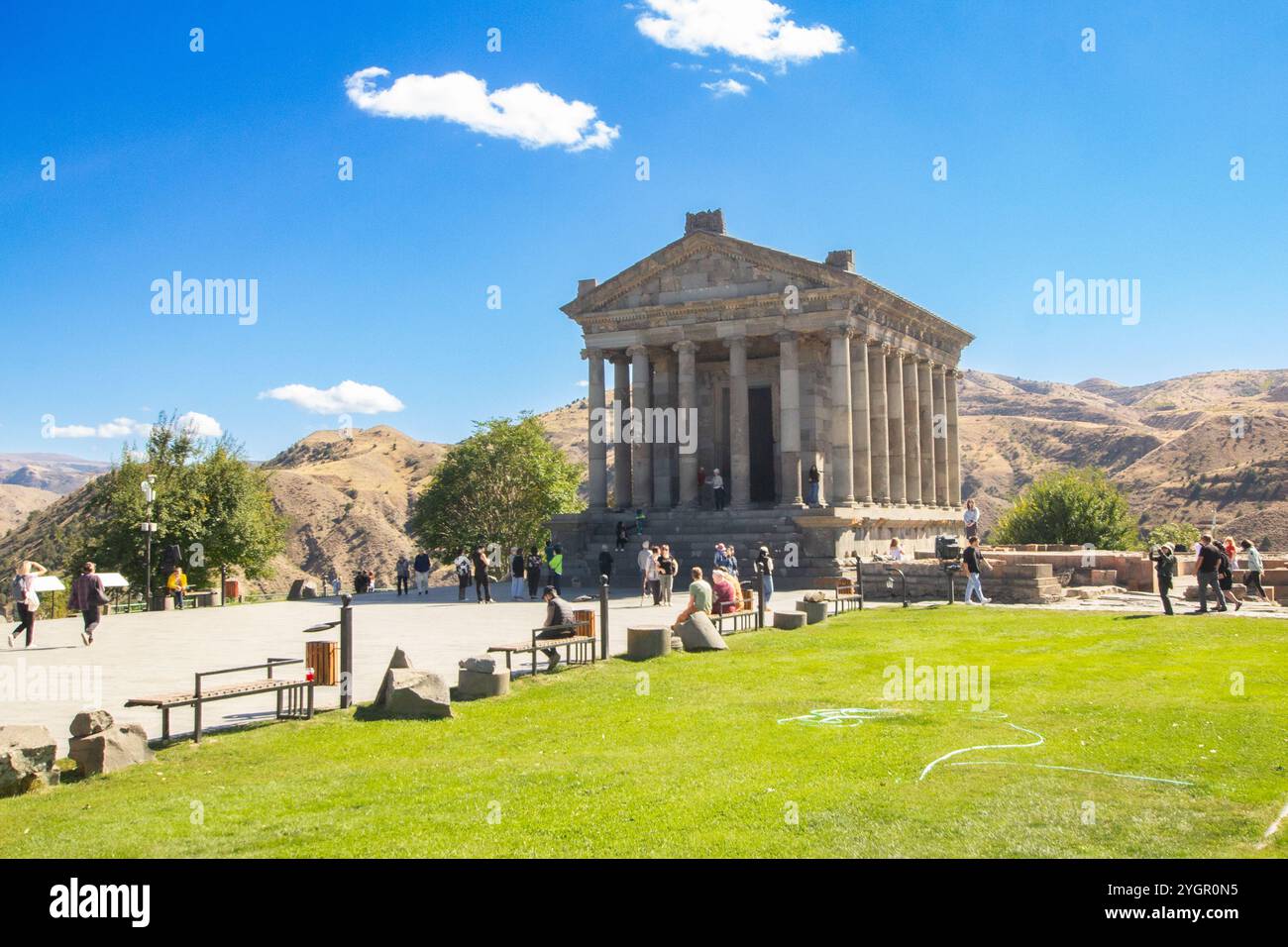 Aerial view of famous Garni pagan temple with Ionic-colonnaded ...