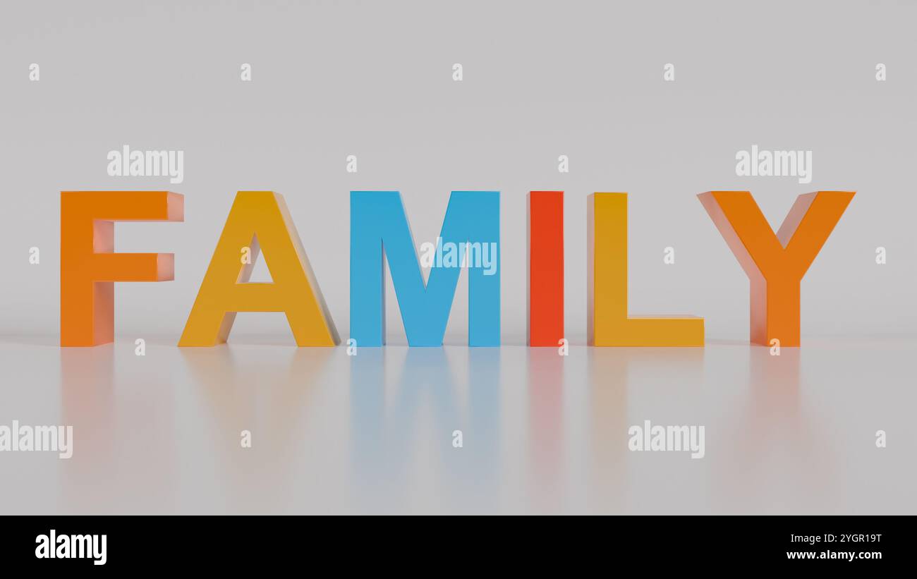 3D "FAMILY" text in vibrant colors on a white background. Minimalist ...