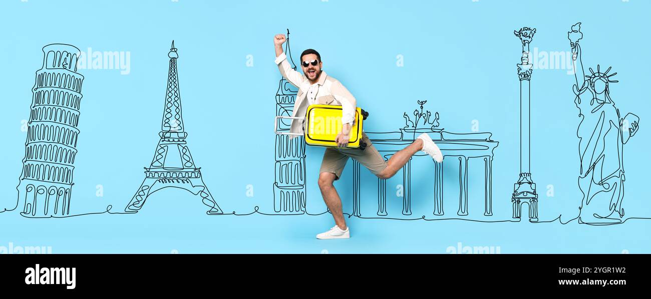 Happy traveler with suitcase running on light blue background, banner ...