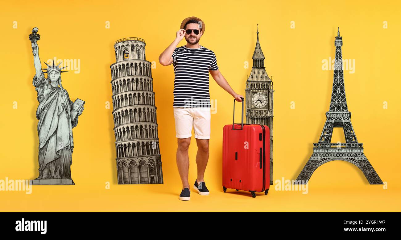 Happy traveler with suitcase on orange background. Illustration of ...