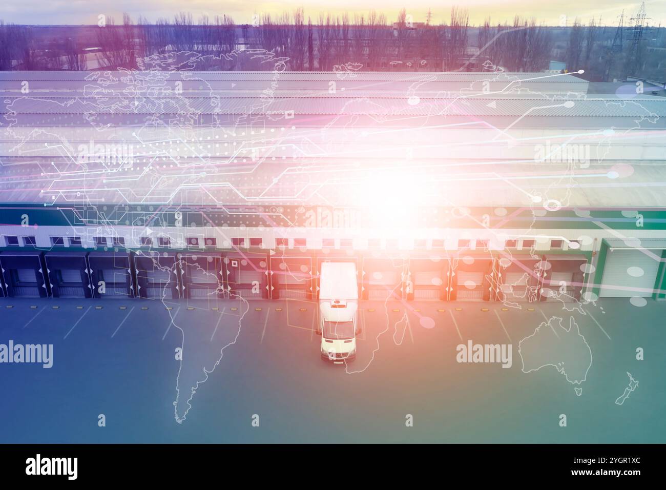 Truck near loading dock of warehouse outdoors, color toned. Logistics ...