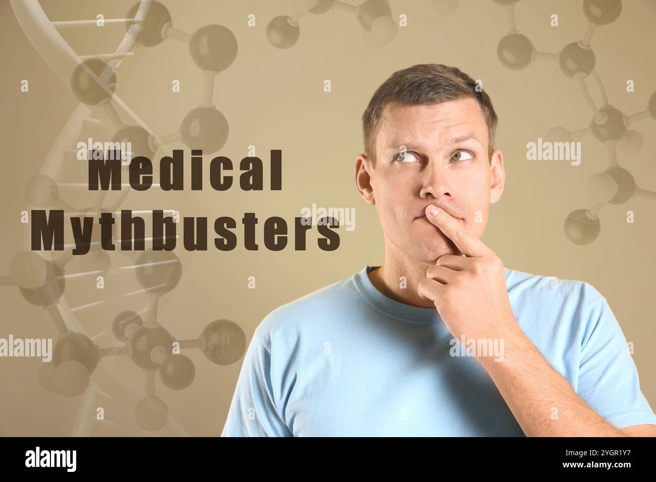 Medical mythbusters. Thoughtful man, molecular model and illustration ...