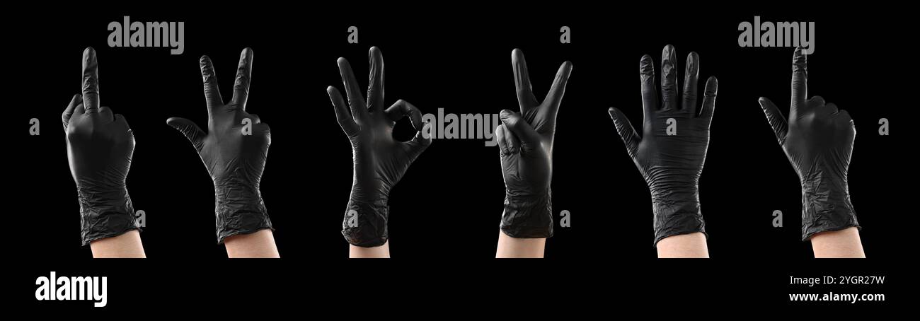 Hands in black gloves showing different gestures on black background ...
