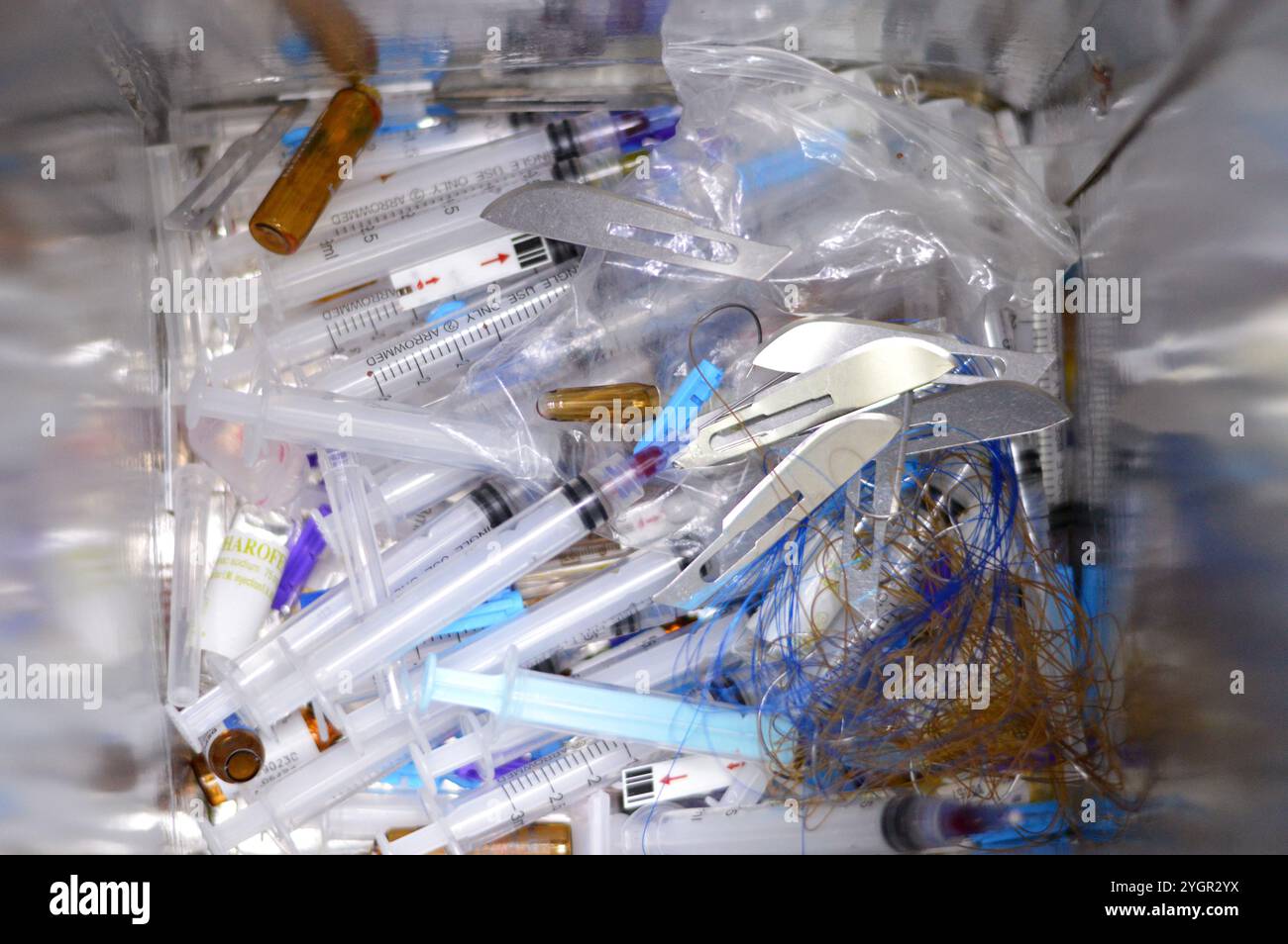Cairo, Egypt, October 19 2024: medical waste of sharp needles, syringes ...