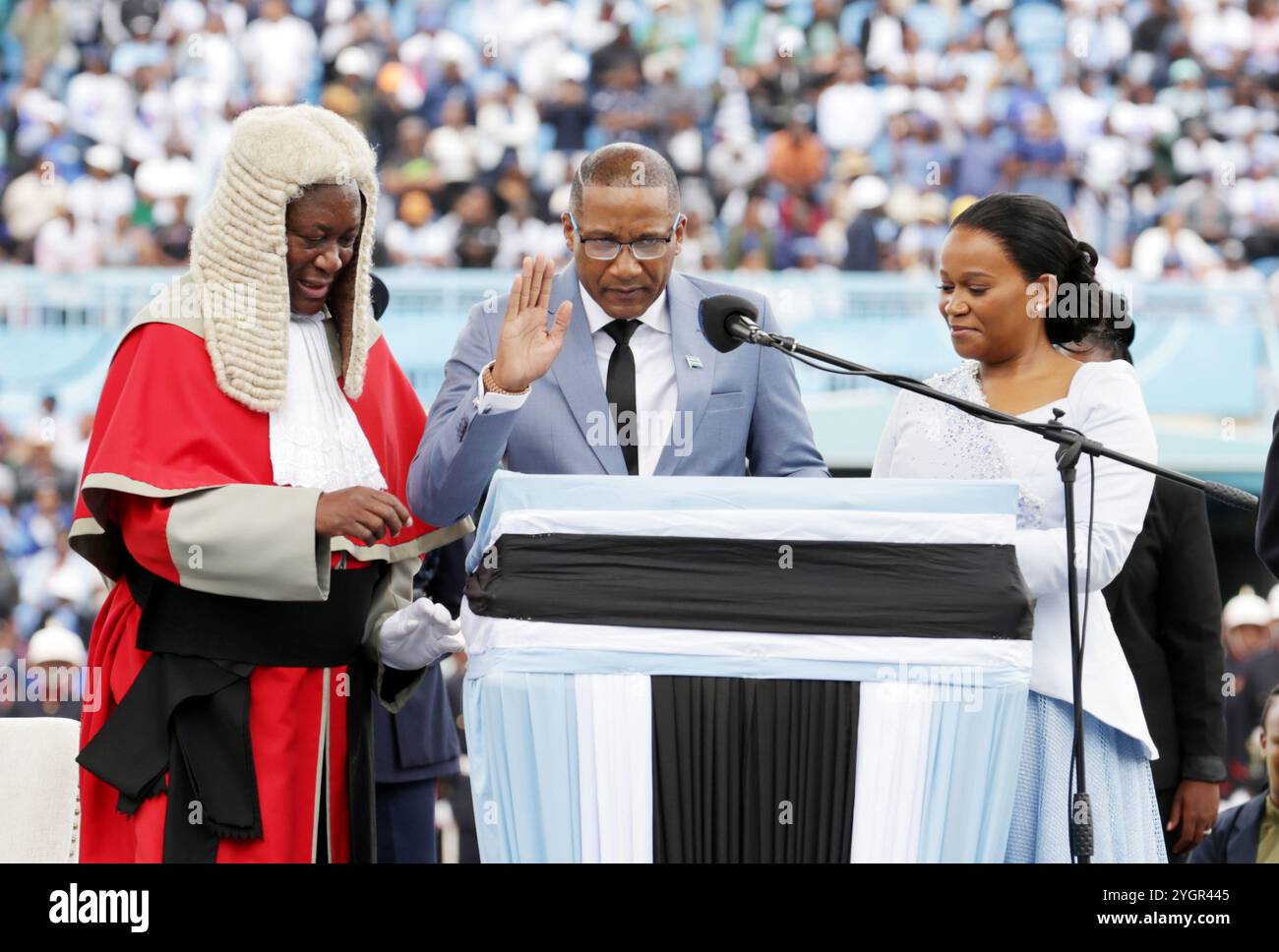 Gaborone, Botswana. 8th Nov, 2024. Duma Boko (C) is sworn in as the sixth president of Botswana ...