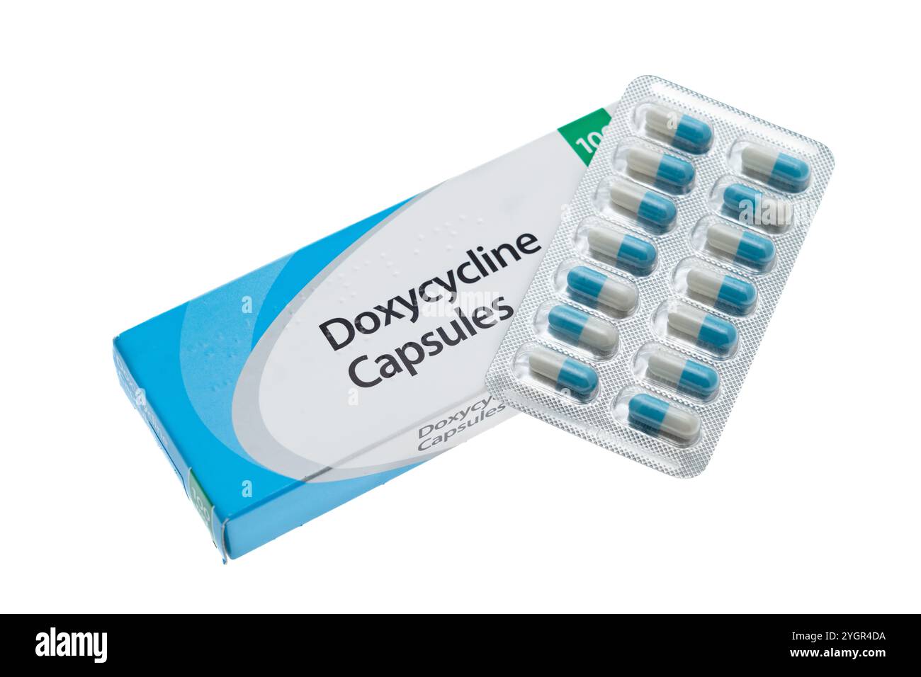 A box of generic Doxycycline antibiotic capsules. They are used to ...