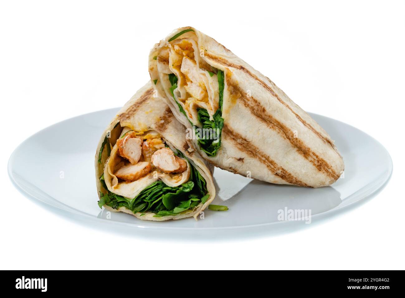 Chicken satay wrap on a plate - white background Stock Photo - Alamy