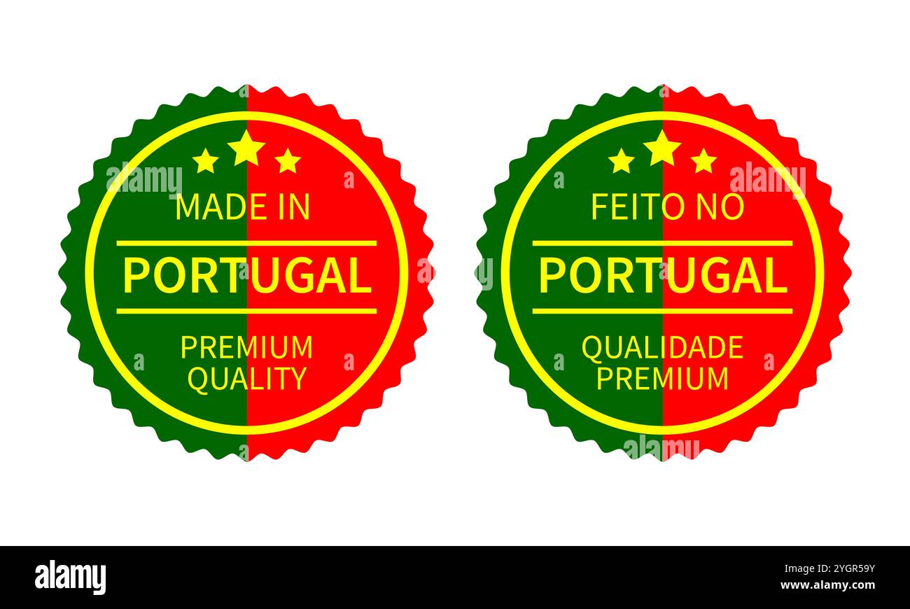 Made in Portugal round labels in English and in Portuguese languages ...