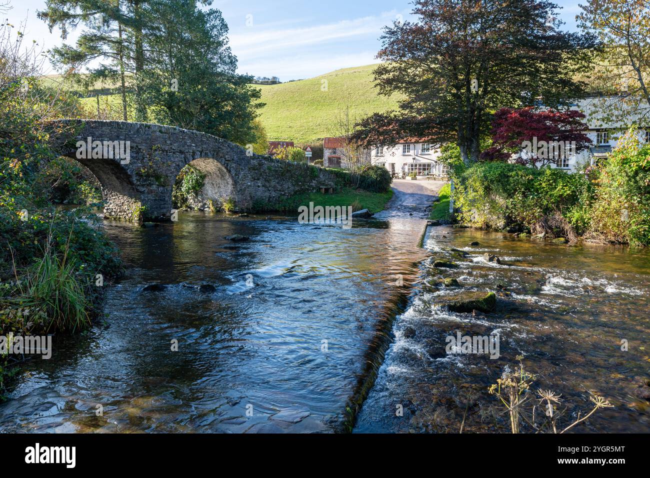 The Badgworthy water river flowing under Malmsmead bridge in Exmoor ...