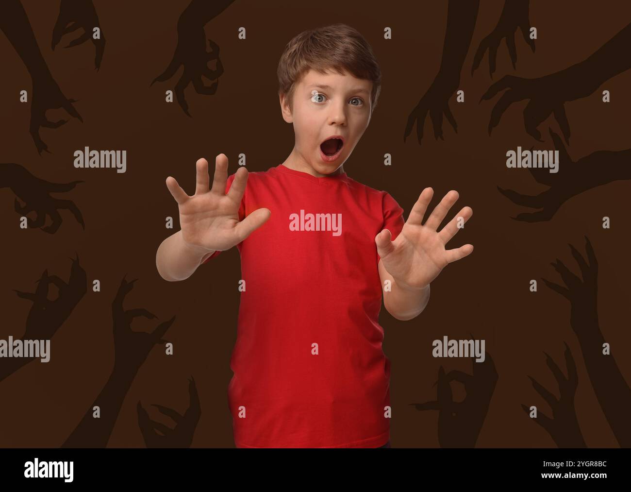 Teraphobia - fear of monsters. Scared boy and silhouettes of creepy ...