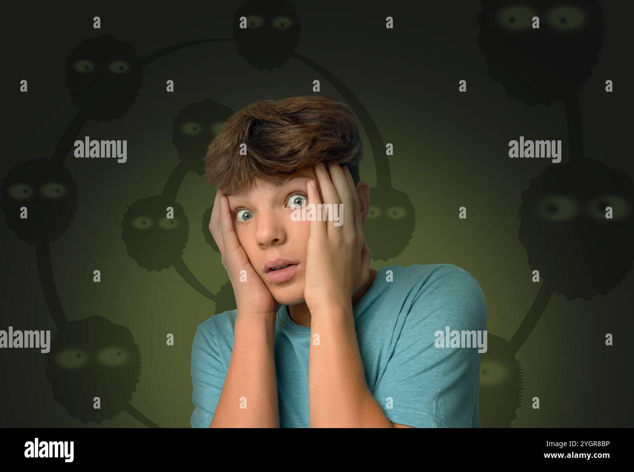 Boy scared of monsters, teraphobia. Creepy shadows behind him Stock ...