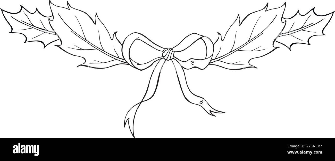 Cozy Christmas bow with holly leaves. Winter ink isolated vector ...