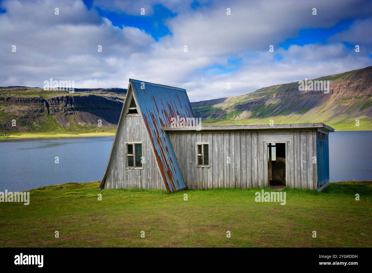 Triangular abandoned barn in the Westfjords of Iceland Stock Photo - Alamy
