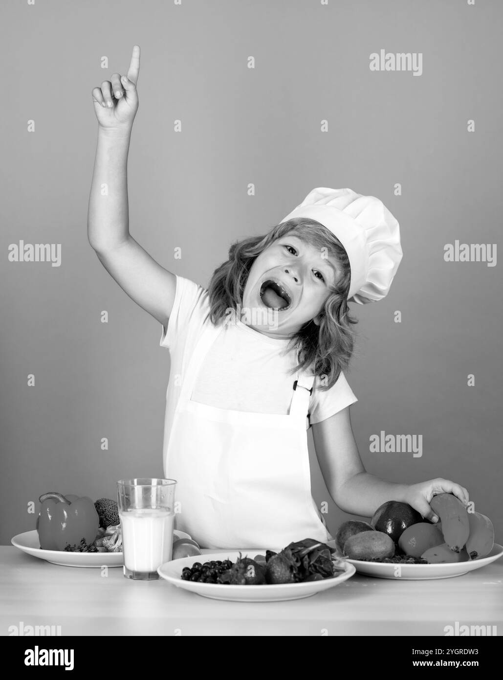 Excited funny chef cook. Child chef isolated on blue. Funny little kid ...