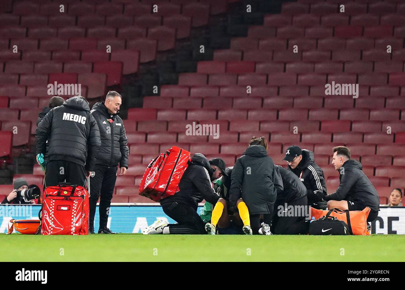 Brighton and Hove Albion's Aisha Masaka receives treatment during a ...