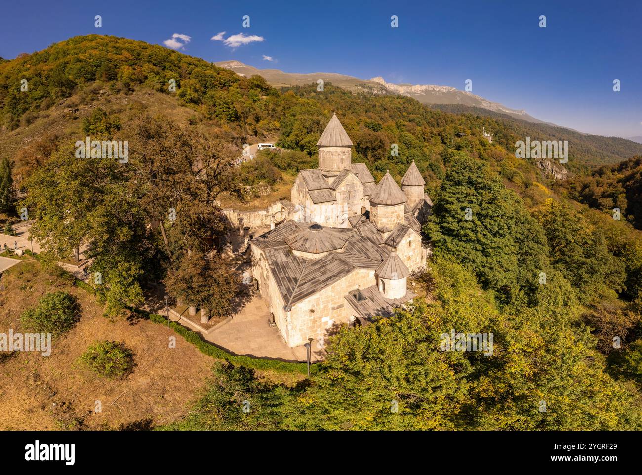Aerial view of Medieval Haghartsin monastery complex 11th century on ...