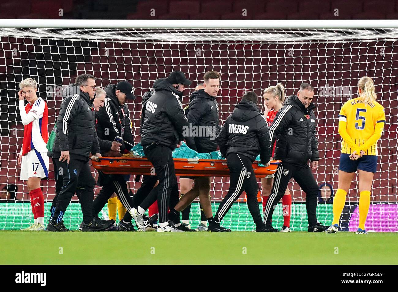 Brighton and Hove Albion's Aisha Masaka is stretched off after picking ...