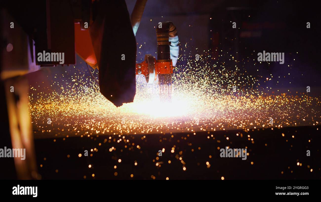 Cutting metal using a plasma laser close-up. Laser cutting of metal at ...