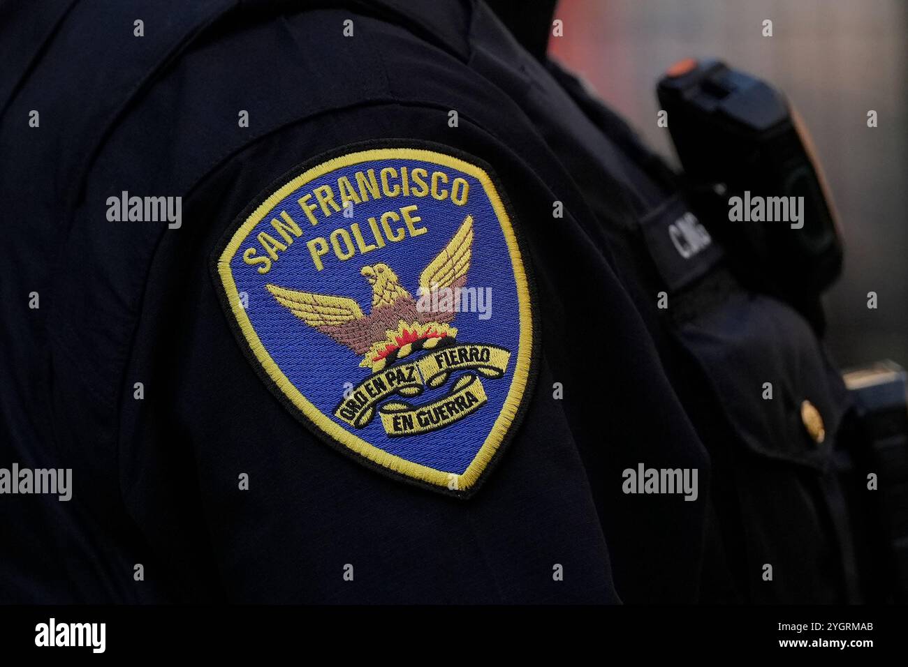A San Francisco Police Department is shown on an officer's uniform in ...