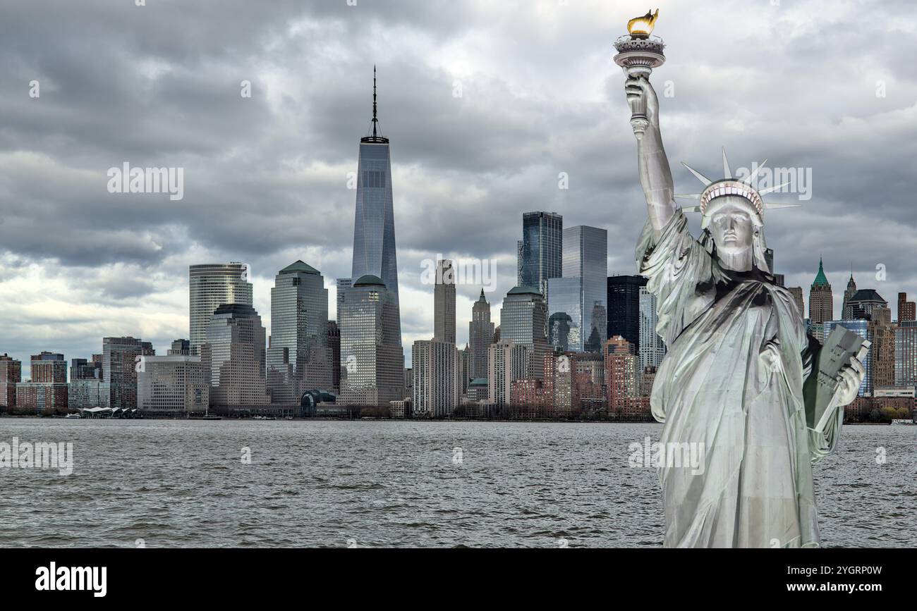 new york city skyline composite with statue of liberty in the ...