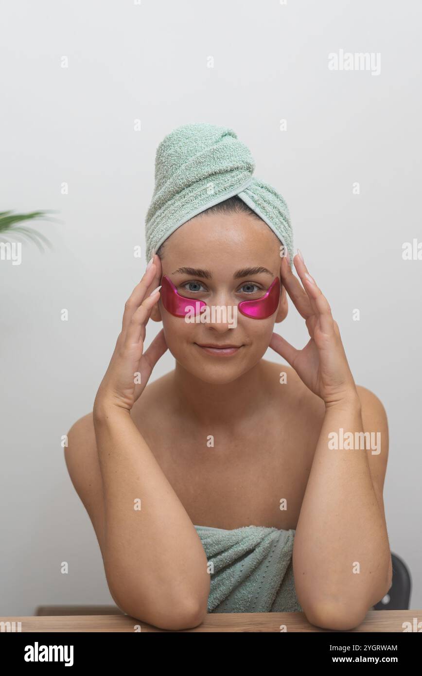lady embraces her skincare routine, facial beauty with eye patches on a ...