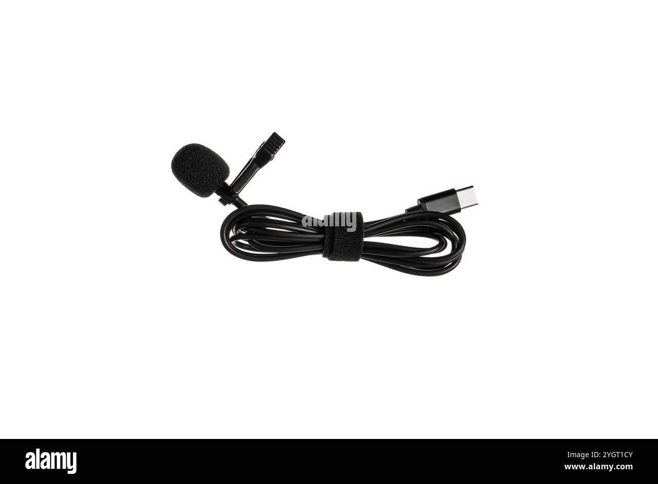 A black lavalier microphone with a foam windscreen and a USB-C ...