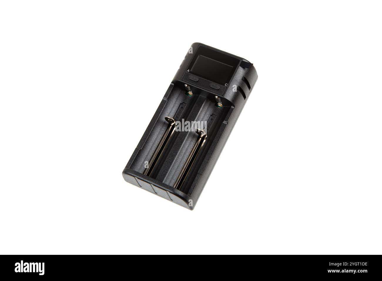 A black dual-slot battery charger with an LCD screen, designed for ...