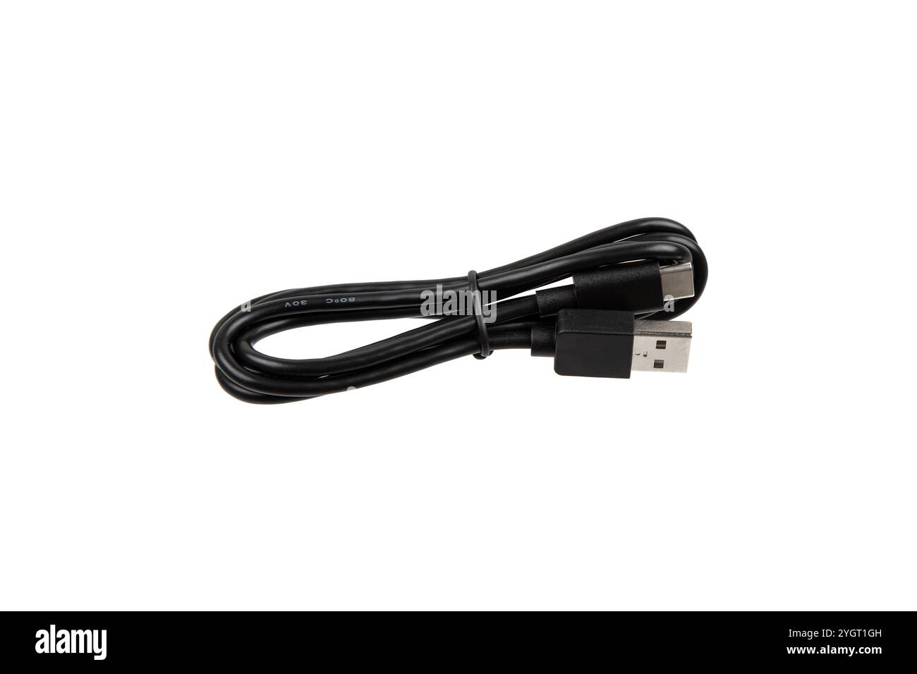 Black USB cable with two connectors, neatly coiled and secured with a ...