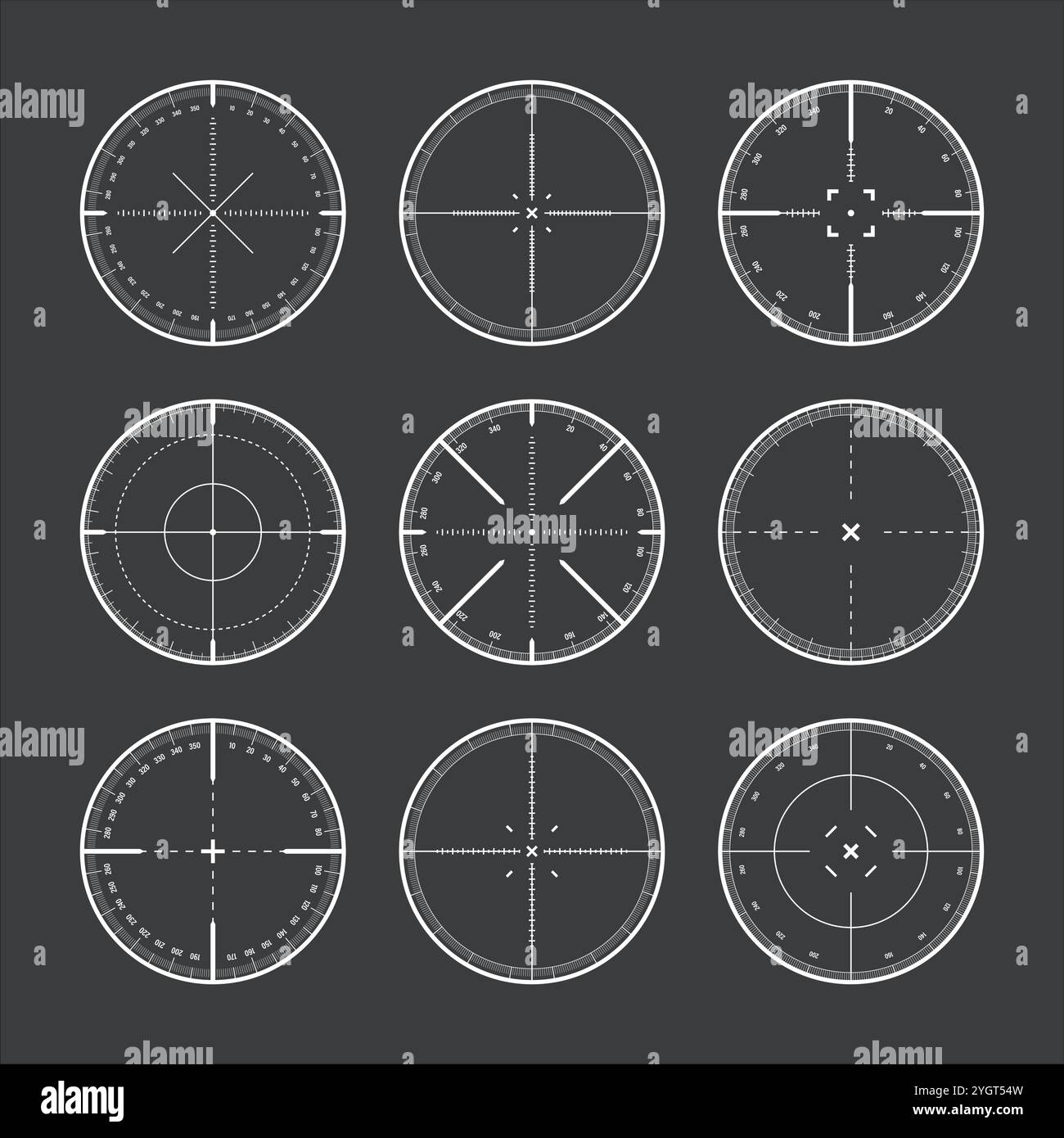 Various sniper rifle sights with degree scale, weapon optical scope ...