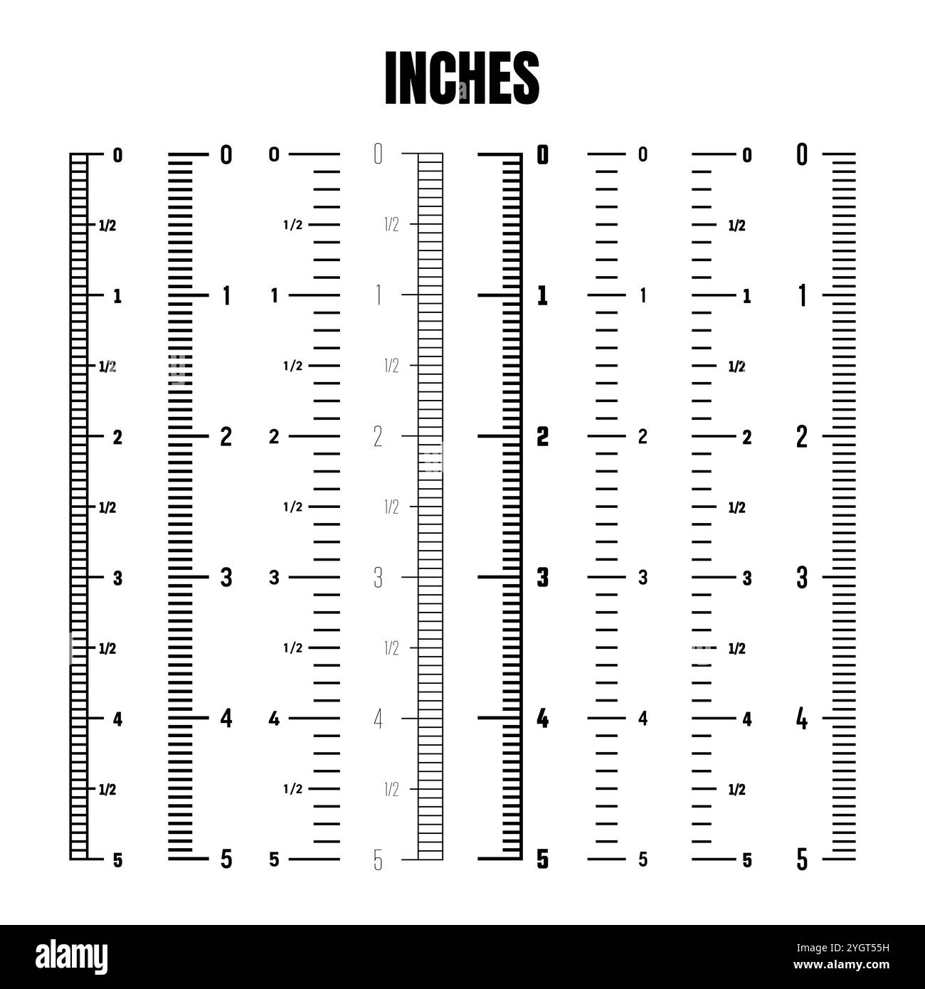 Vertical inch scale for measuring length or height. Various measurement ...
