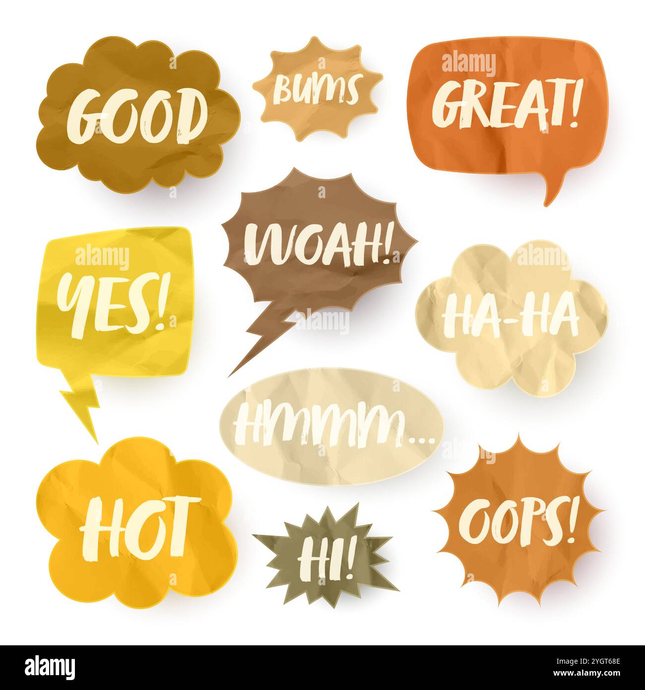 Crumpled brown paper comic speech bubbles. Hand drawn retro cartoon ...