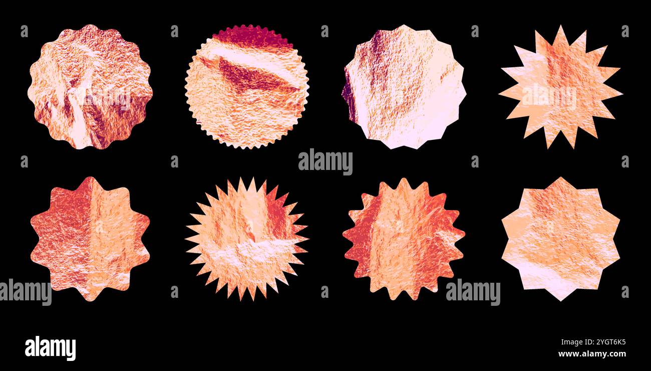 Rose gold stars, sunburst symbols. Shiny gold foil. Vintage sunbeam ...