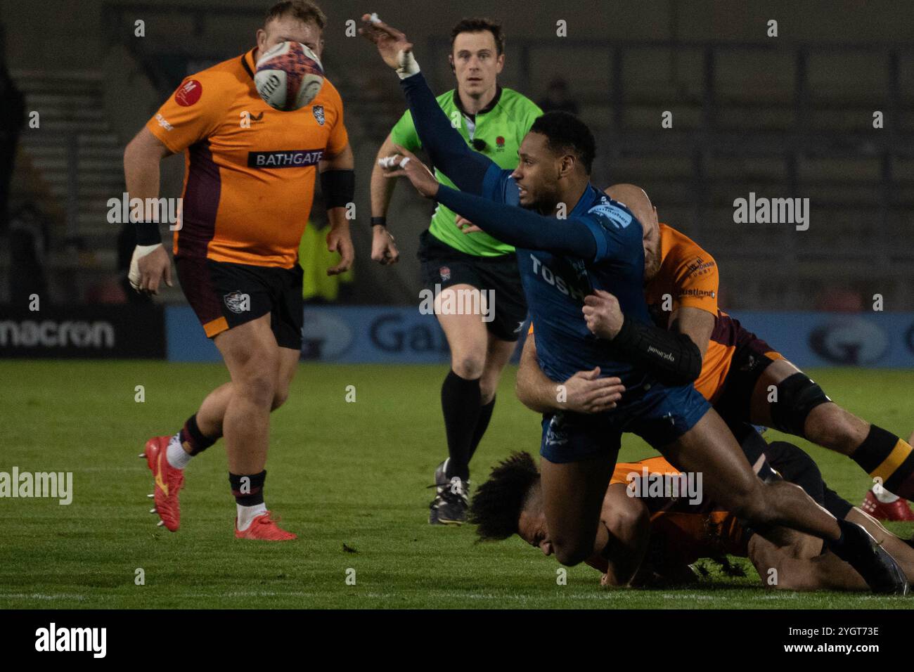 Obi Ene (14 Sale Sharks) in action during the Premiership Cup game ...