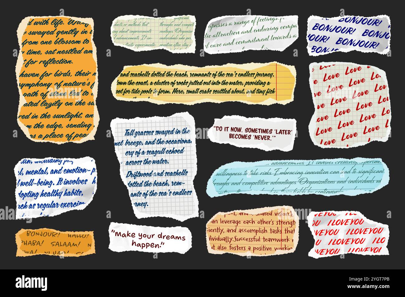 Ripped paper strips with handwritten text. Realistic crumpled paper ...