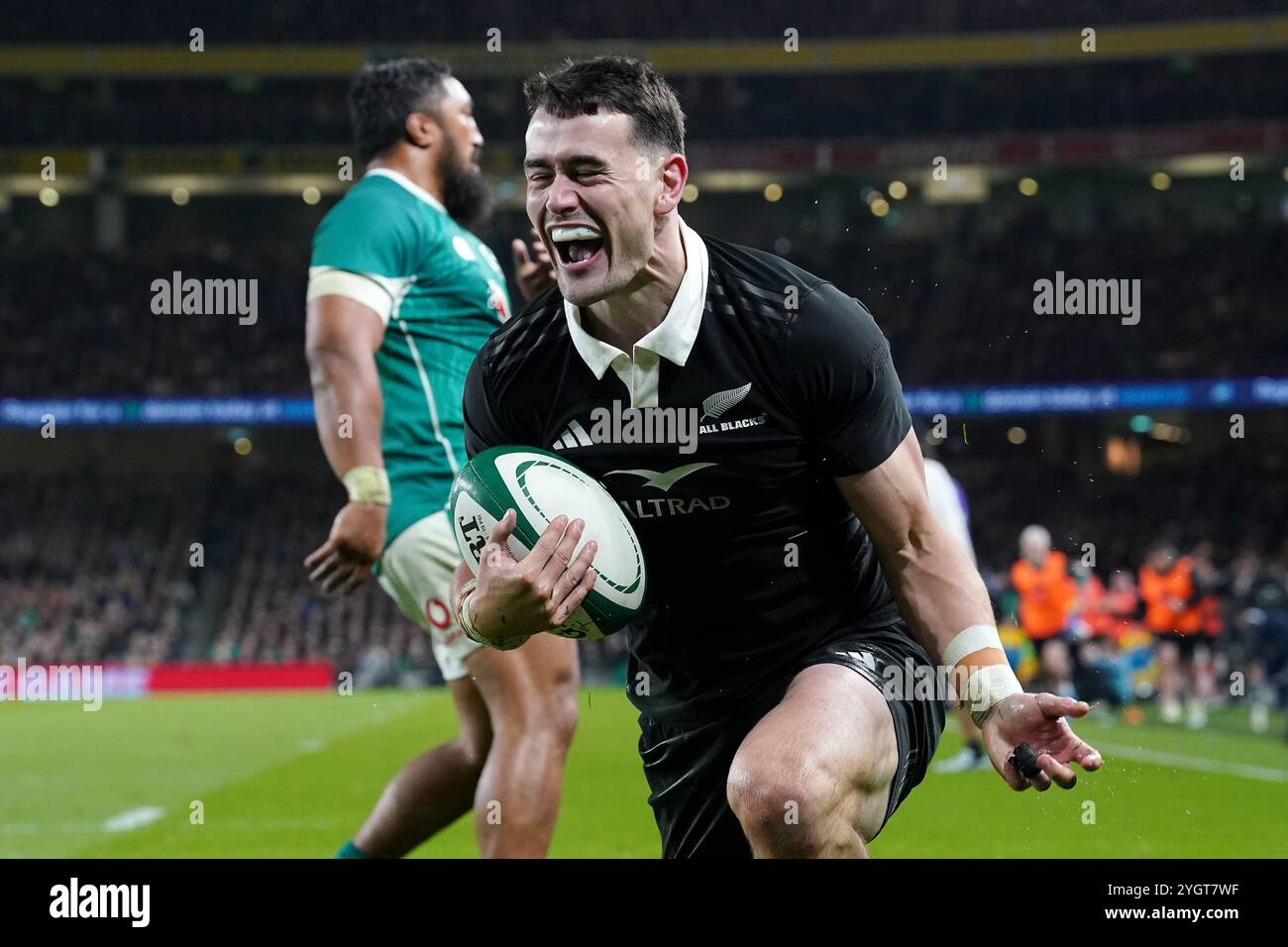 New Zealand's Will Jordan celebrates scoring a try during the Autumn ...