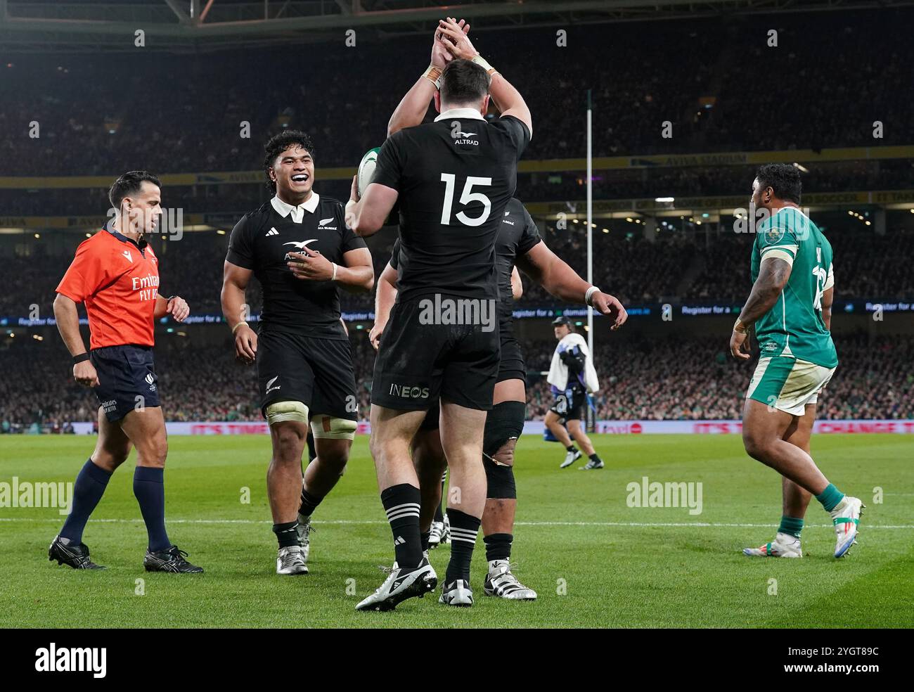 New Zealand's Will Jordan celebrates scoring a try during the Autumn ...