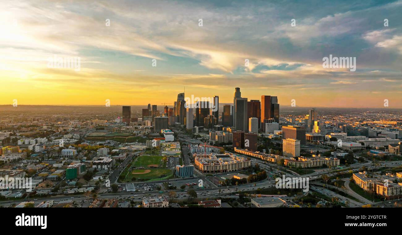 City of Los Angeles cityscape skyline scenic aerial view at sunset ...