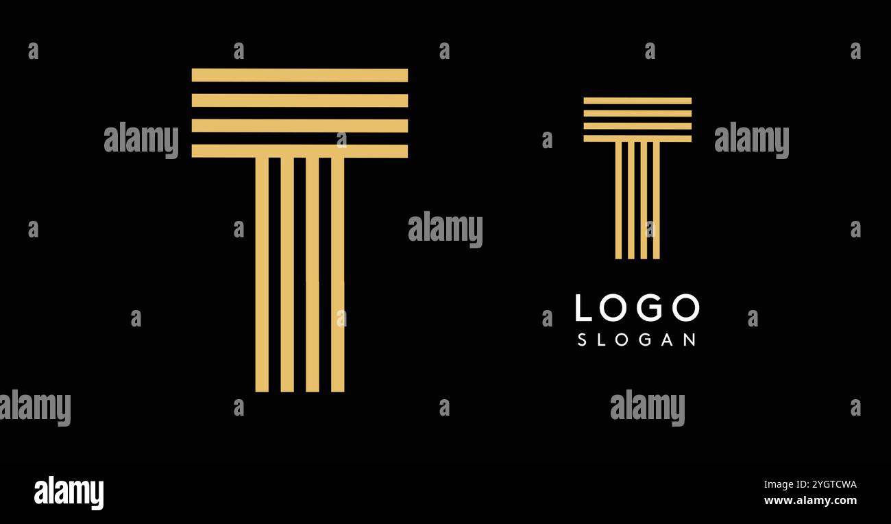 Geometric golden letter T with concentric lines on black background ...