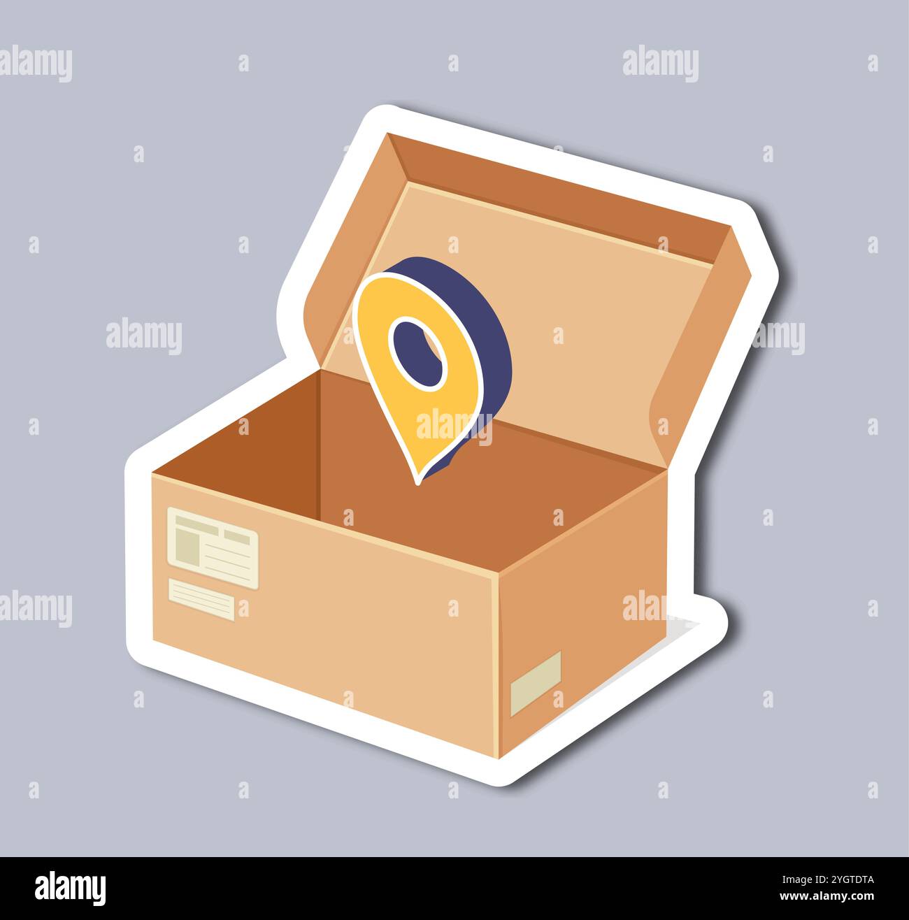Delivery label. Volumetric cardboard box with gps pin. Logistics ...